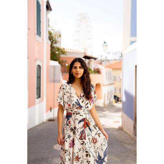 Dresses Ivory Bird And Floral Print Ruched Waist Kimono Midi Dress Yumi